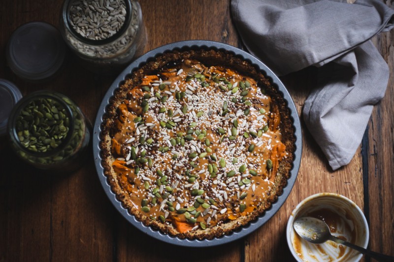 Roasted root vegetable pie with peanut glaze