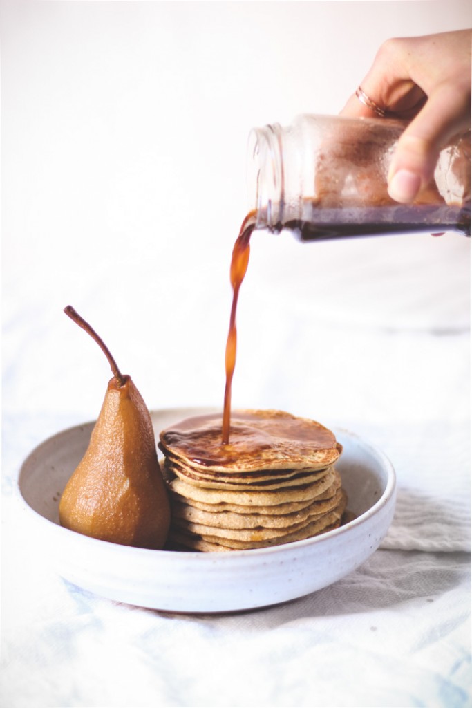 Sprouted barley pancakes with chai-poached pears